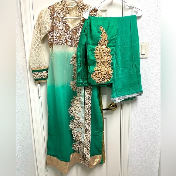 Salwars | 3 Piece Emerald Green And Off White Long Shirt With Green ...